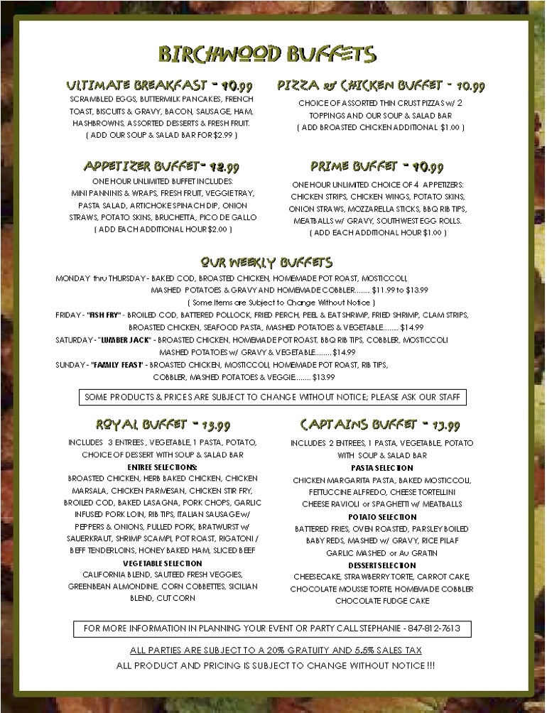 Banquet Information and Menu - Birchwood Grill